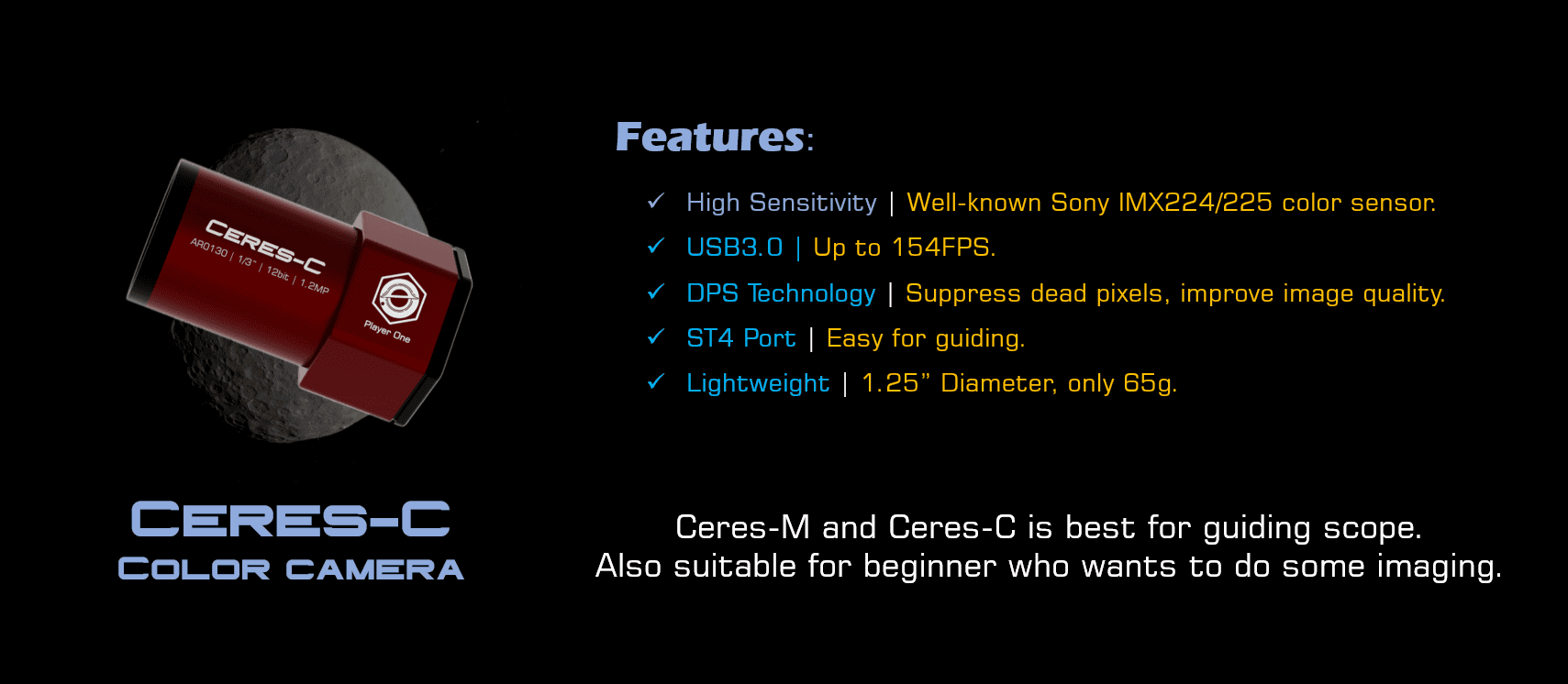 Ceres-C USB3.0 Color Camera (IMX224) – Player One Astronomy