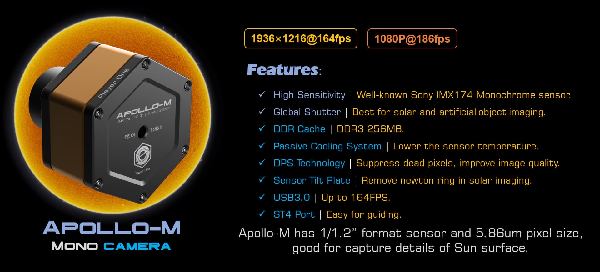 Apollo-M USB3.0 Mono Camera (IMX174) – Player One Astronomy